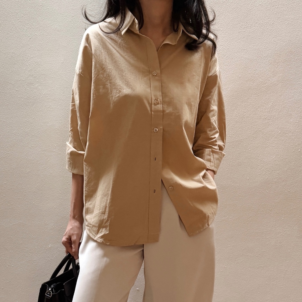 Jual NIMU - Edith Beige Creme Brown Cotton Shirt/ Kemeja Katun Edith Krem Coklat/ Kemeja stylish ...