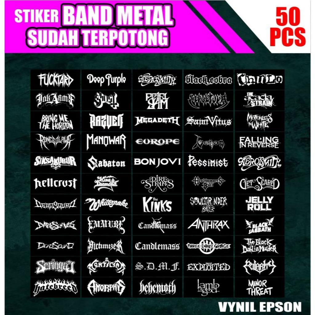 Jual Stiker pack 50pcs stiker band metal hitam putih sudah terpotong ...