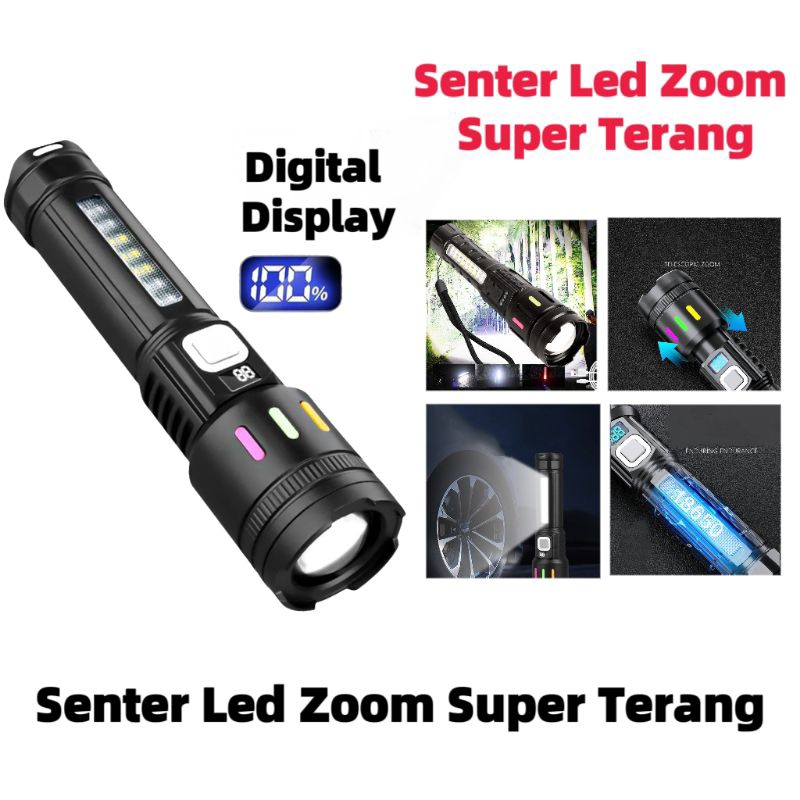Jual Senter LED Cas Super Terang Jarak Jauh + COB Senter Zoom Emergency USB Recharge Anti Air ...