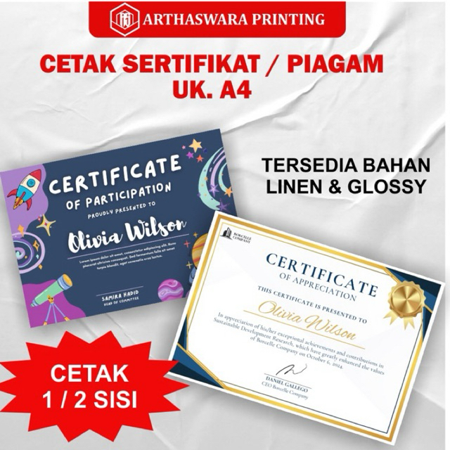 Jual Cetak Sertifikat Piagam Ukuran A4 | Shopee Indonesia