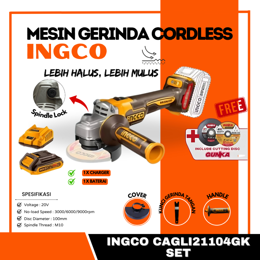 Jual Gerinda Cordless Baterai Brushless Portable INGCO CAGLI21104GK 20V ...