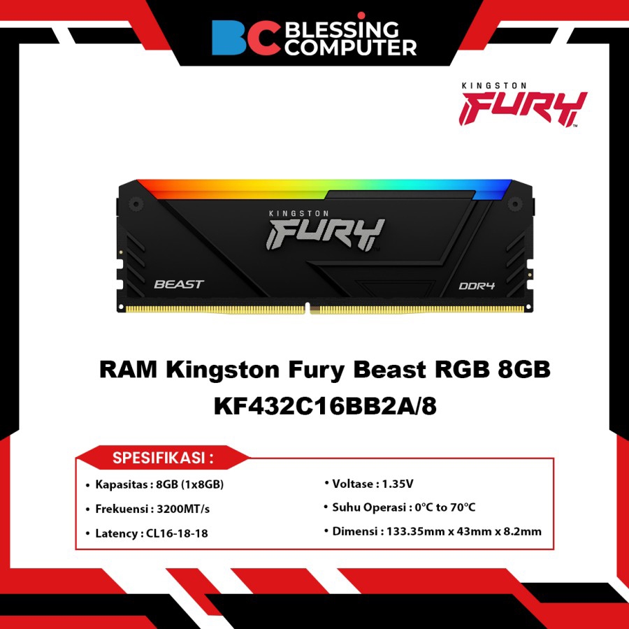 Jual RAM Kingston Fury Beast RGB 8GB KF432C16BB2A/8 DDR4 pc3200MT/s CL16 BLACK | Shopee Indonesia