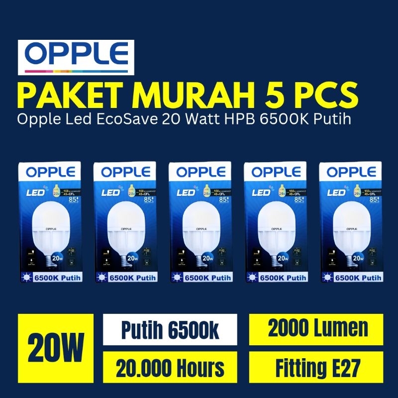 Jual Opple Lampu Led Ecosave 20 Watt HPB Cahaya Putih 6500k 2000 Lumen Paket Murah 5Pcs | Shopee ...