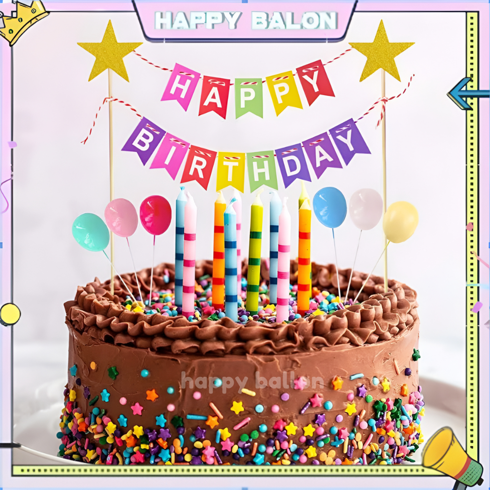 Jual Cake Topper Motif Banner Happy Birthday Biru Pink Hitam Tusukan ...