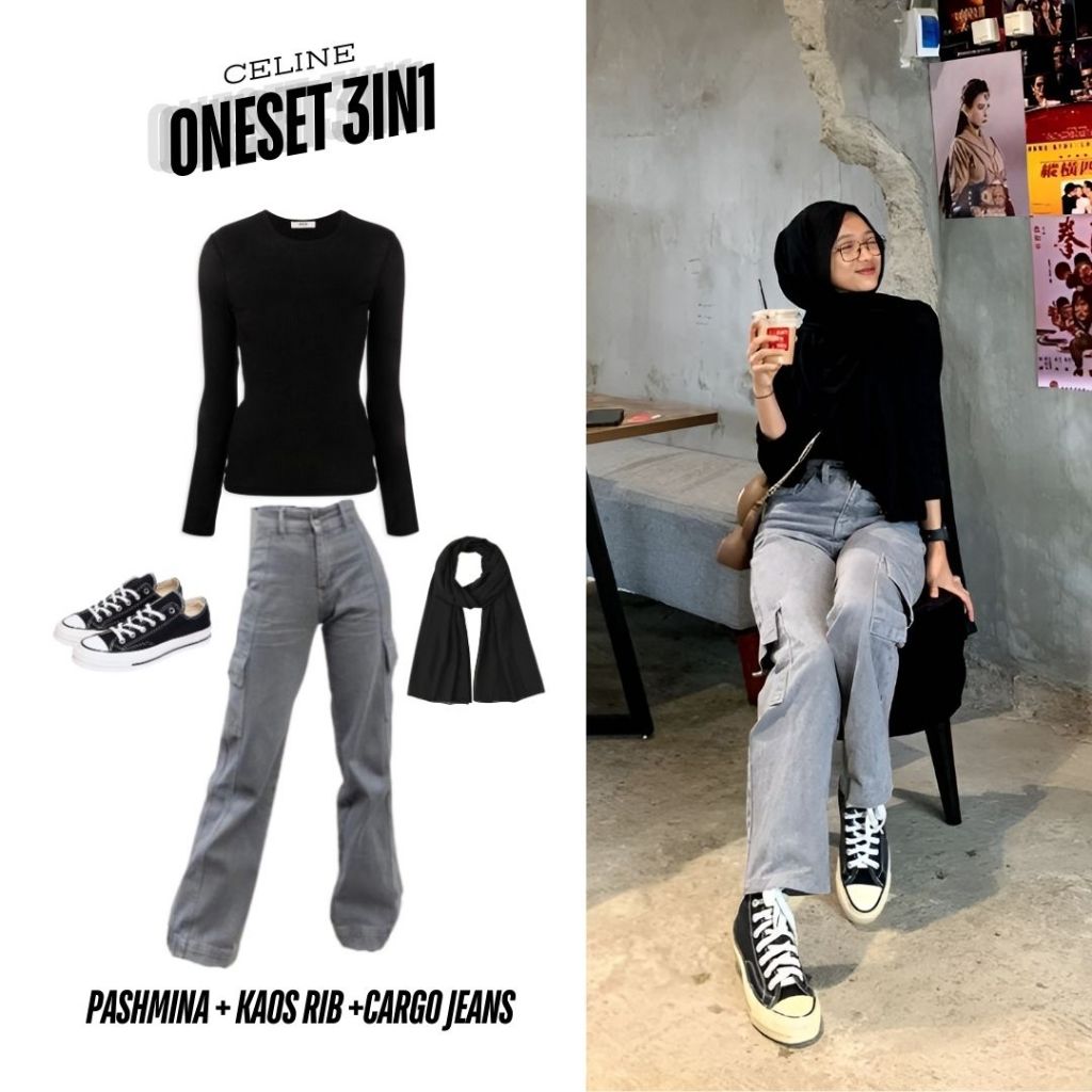 Jual 3in1 One set baju atasan kaos rib knit premium celana cargo kargo ...