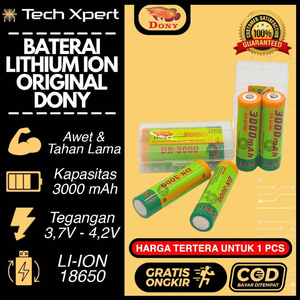Jual BATERAI LITHIUM ION Li-Ion DONY ORIGINAL DN-3000 18650 3000 mAh 3 ...