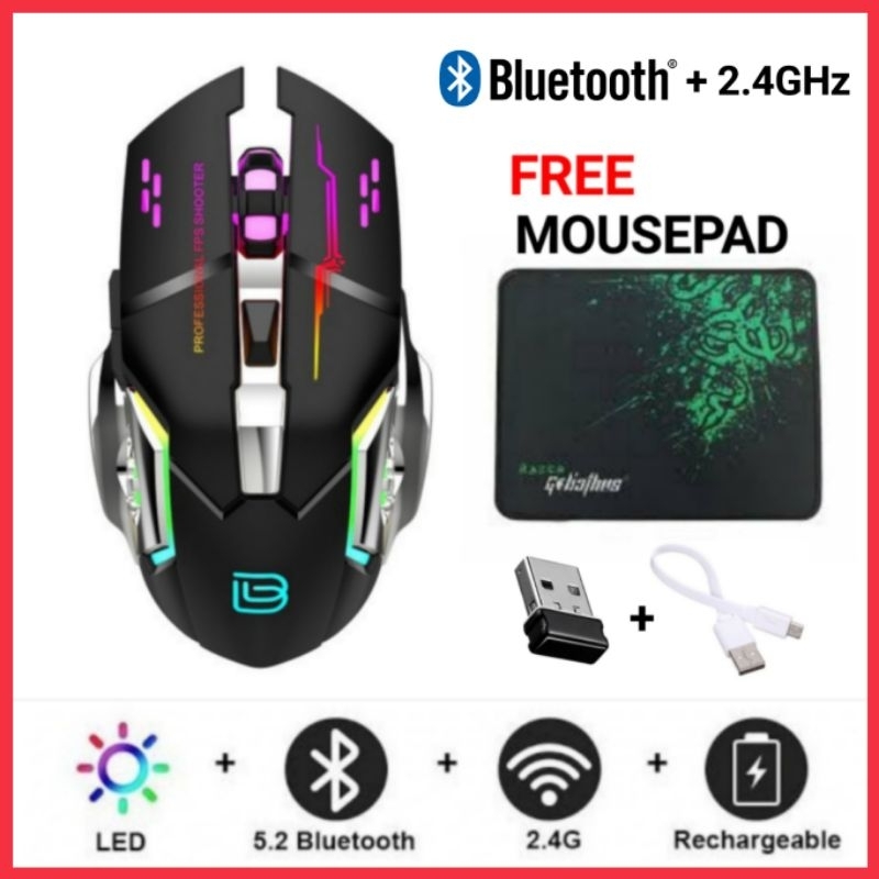 Jual MOUSE BLUETOOTH & WIRELESS GAMING SILENT Q13 RGB RECHARGEABLE FREE ...