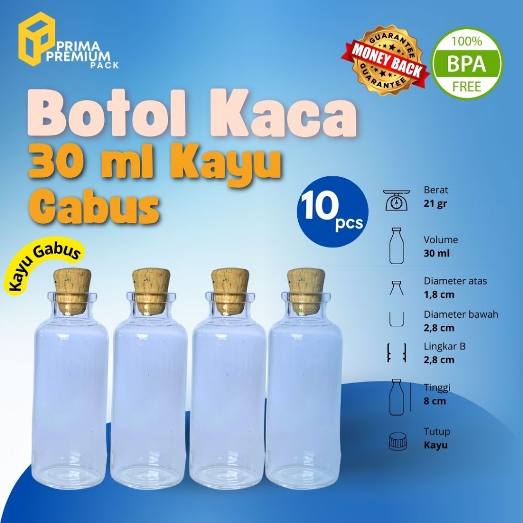 Jual Botol kaca 30ML Tutup Kayu Gabus/Sumbat Kayu, Charm Cork, Souvenir ...
