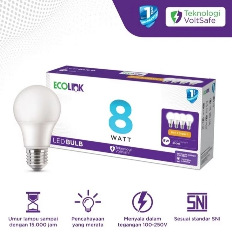 Jual ECOLINK LED BULB 8 WATT BUY 3 GET 1 - COOL DAY LIGHT/LAMPU LED 8 ...