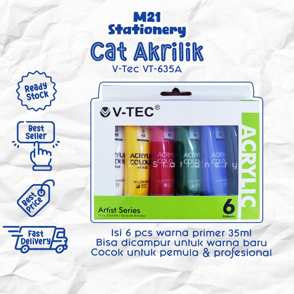 Jual (6 PCS) CAT AKRILIK SET VTEC VT635A / ISI 35ML CAT ALAT LUKIS ACRYLIC WARNA PRIMER HITAM ...