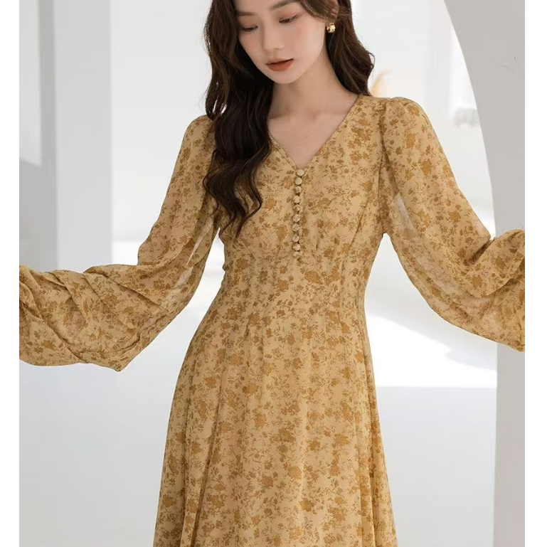 Jual Dress Kuning Lengan Panjang/Sutra Dress Batik Mewah Elegant/Floral ...