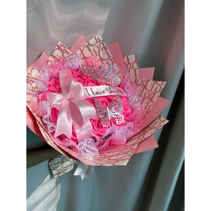 Jual ROUND BOUQUET Bucket Viral Full Glitter Baby Pink Wrapping Dior ...