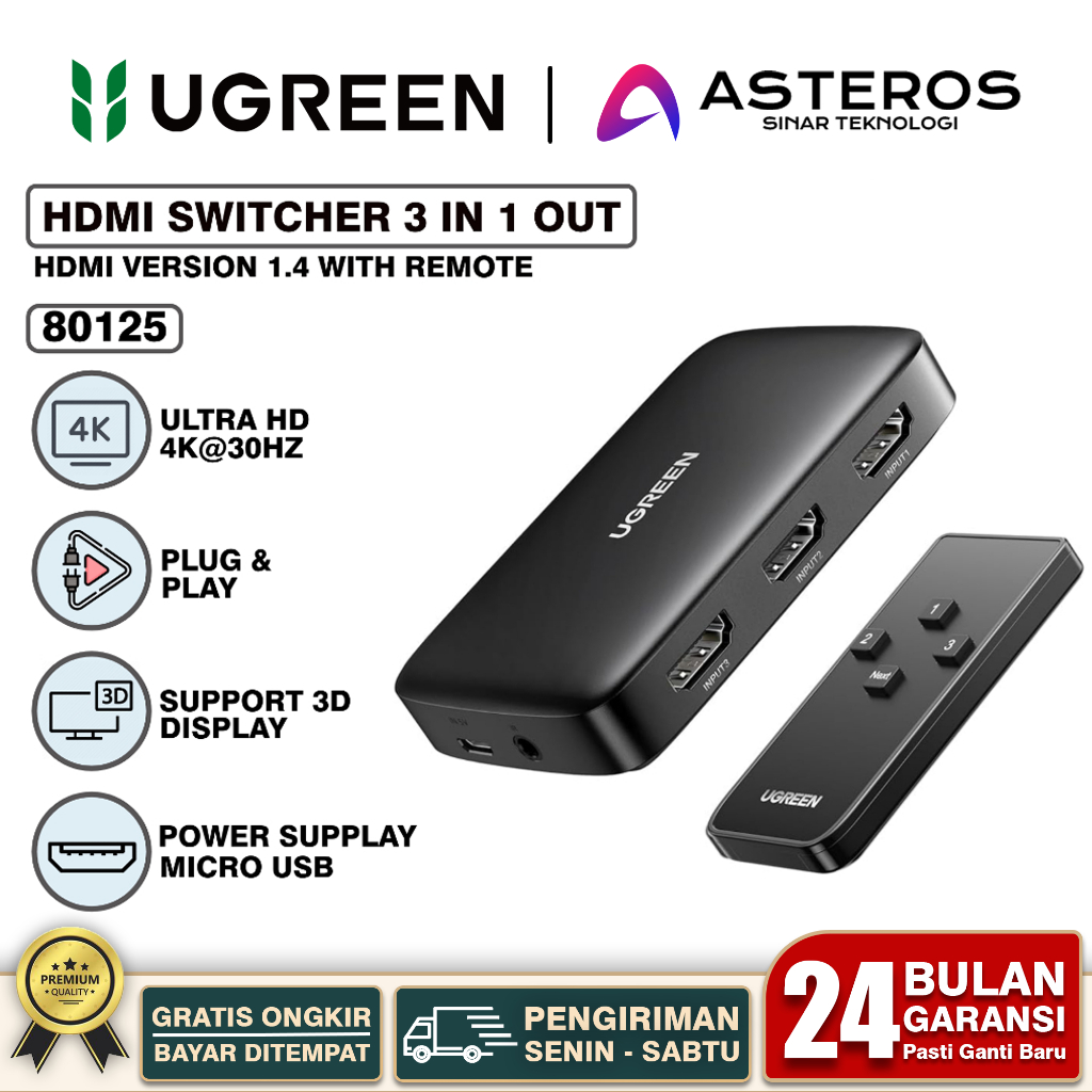 Jual UGREEN HDMI Switch 3 In 1 Out Switcher Splitter 4K 30Hz HD Resolution 3D Display 80125 ...