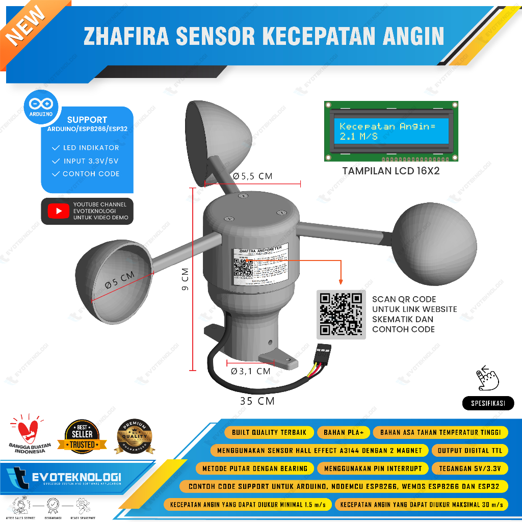 Jual Evoteknologi Sensor kecepatan angin Anemometer Wind Speed Support ...
