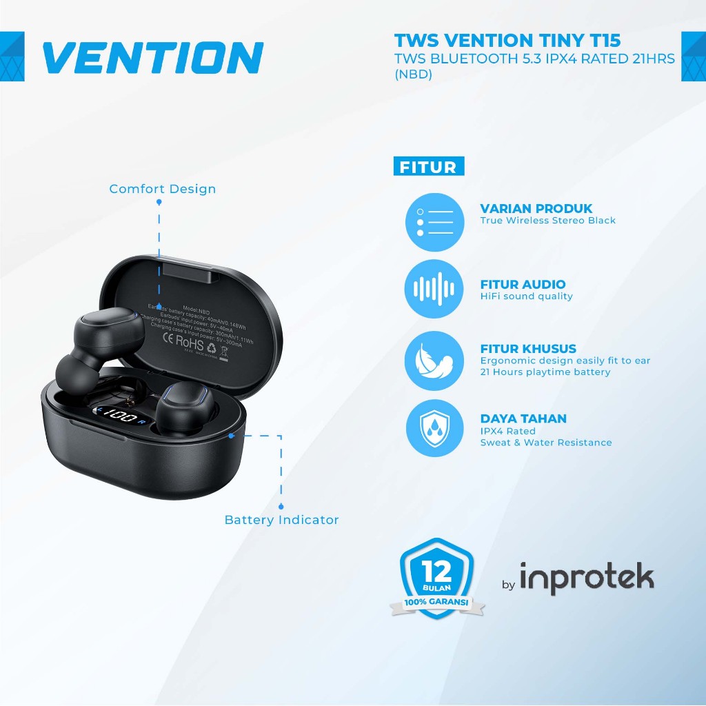 Jual Vention Headphone TWS Bluetooth Earphone Headset Clear Sound Hi-Fi ...