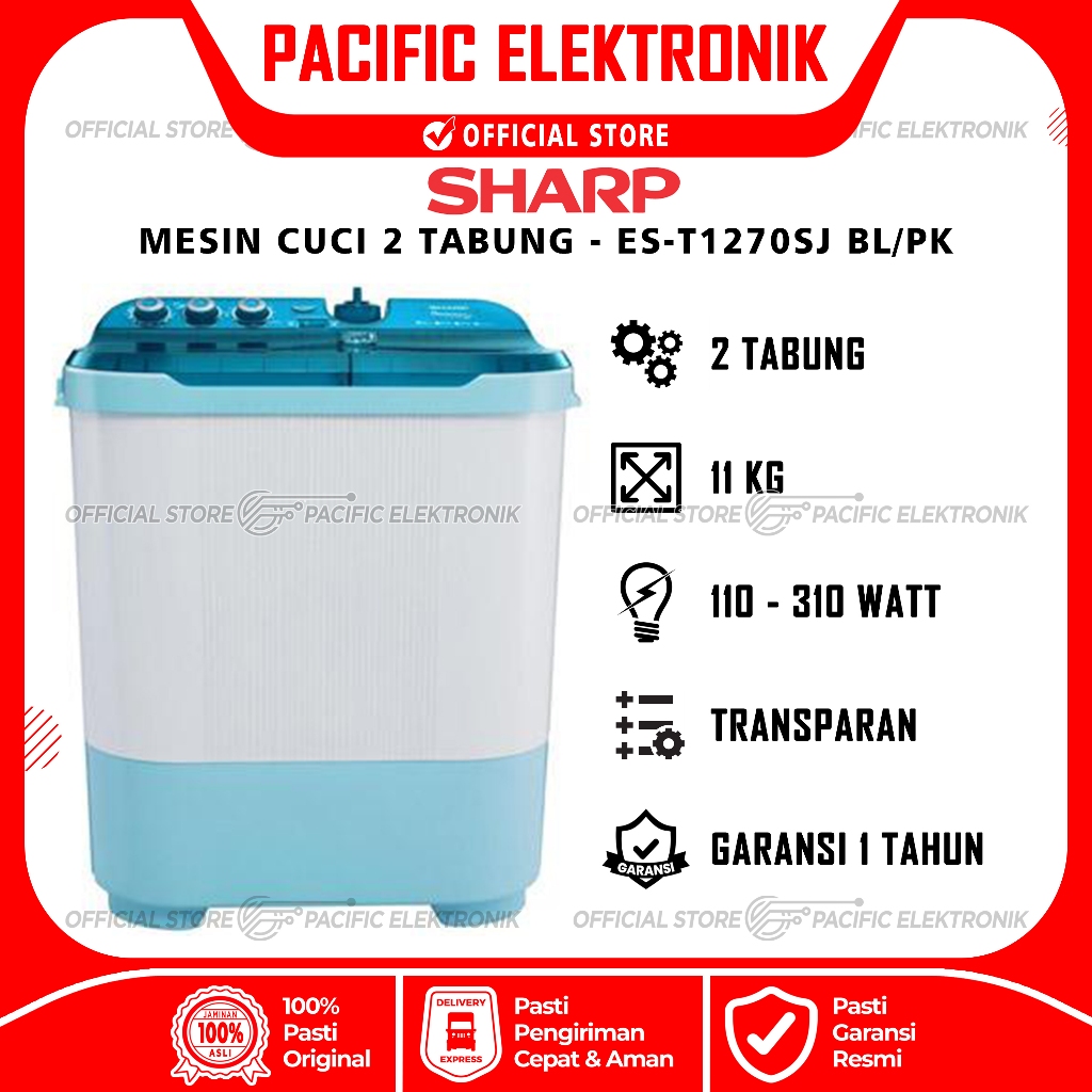 Jual Mesin Cuci Sharp 2 Tabung Dolphinwave 11kg ES-T1270SJ-BL/PK ...