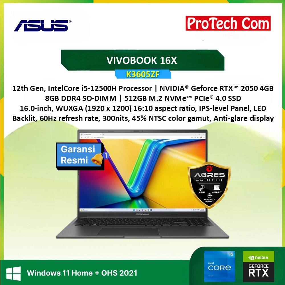 Jual ASUS VIVOBOOK 16X K3605ZF I5 12500H RTX2050 4GB/ 8GB 512GB W11+OHS 16.0FHD VIPS BLK VIPS551 ...