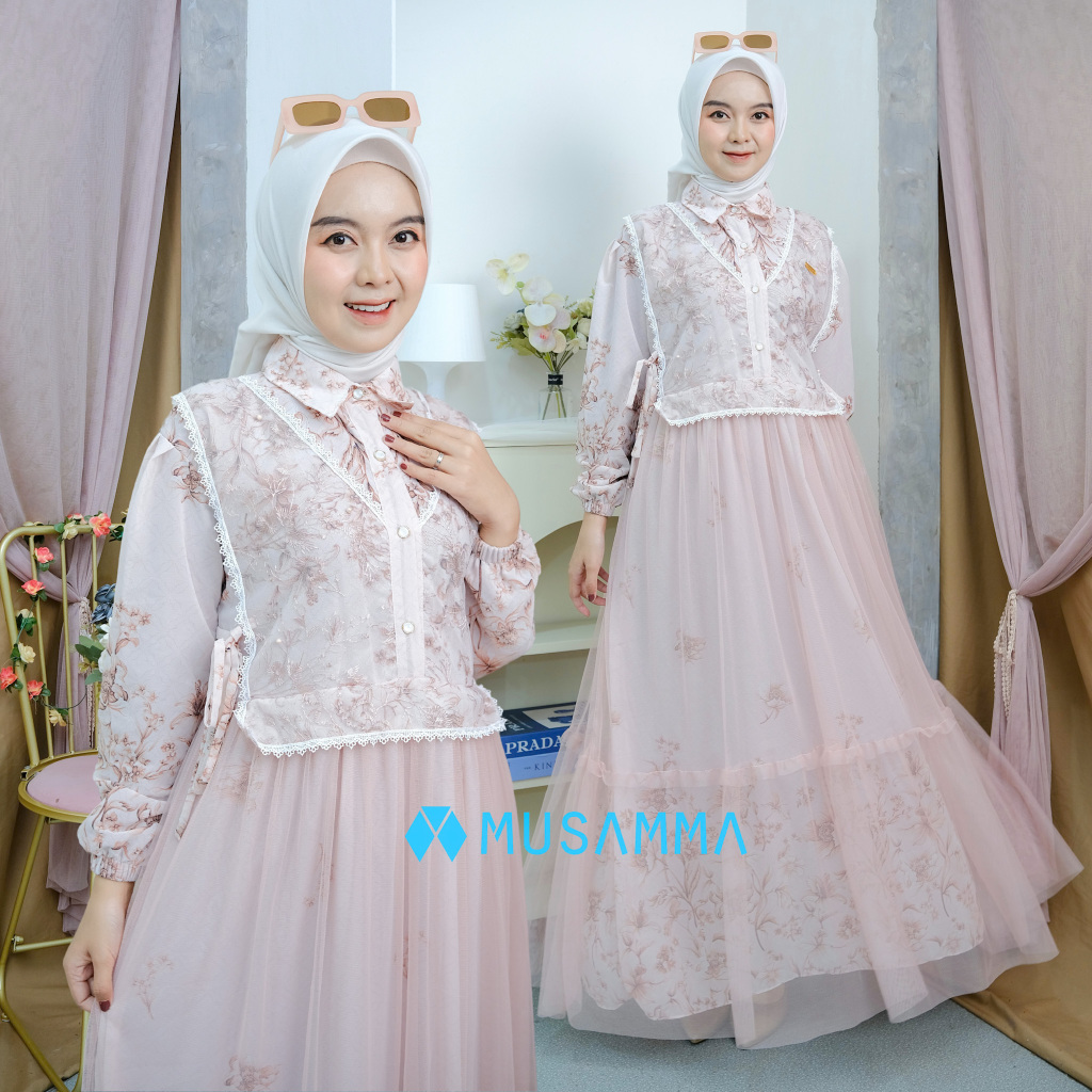 Jual GHINA DRESS - Gamis Ceruty Print Full Furing Mix Tile Renda Busui ...