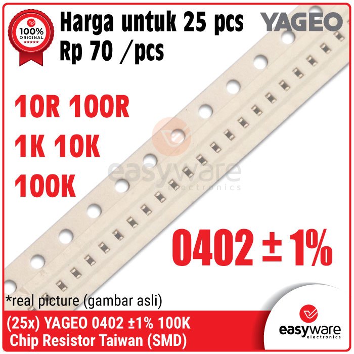 Jual 25pcs YAGEO Resistor Taiwan YAGEO 0402 SMD SMT 1% 10R 100R 1K 10K ...