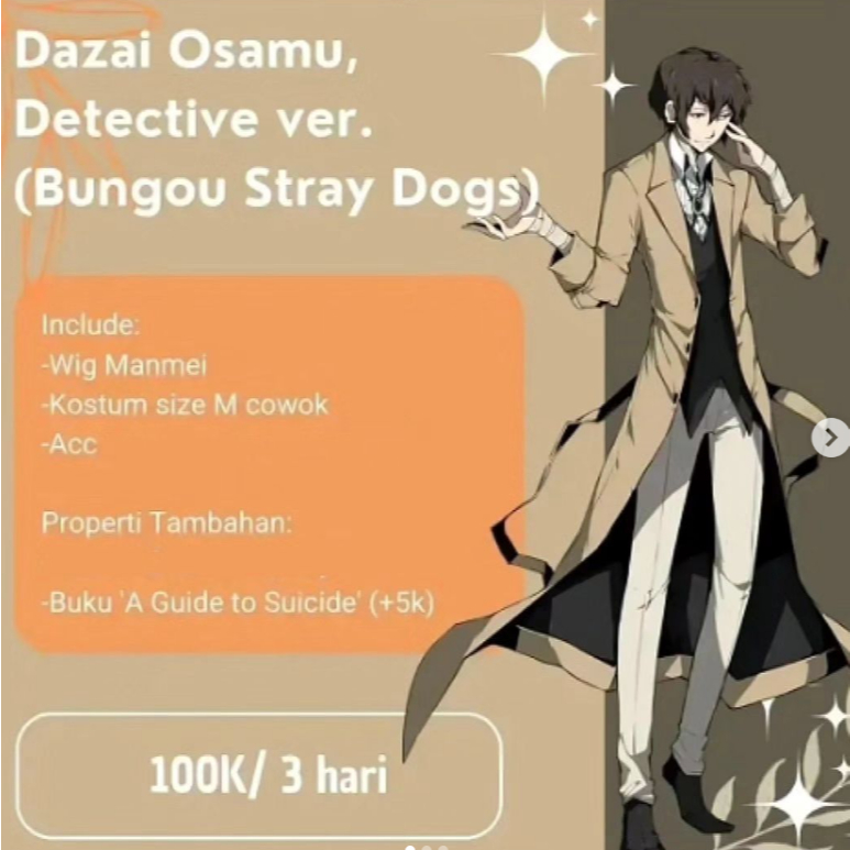 Jual Rental Cosplay Dazai Osamu Detective ADA Bungou Stray Dogs ...