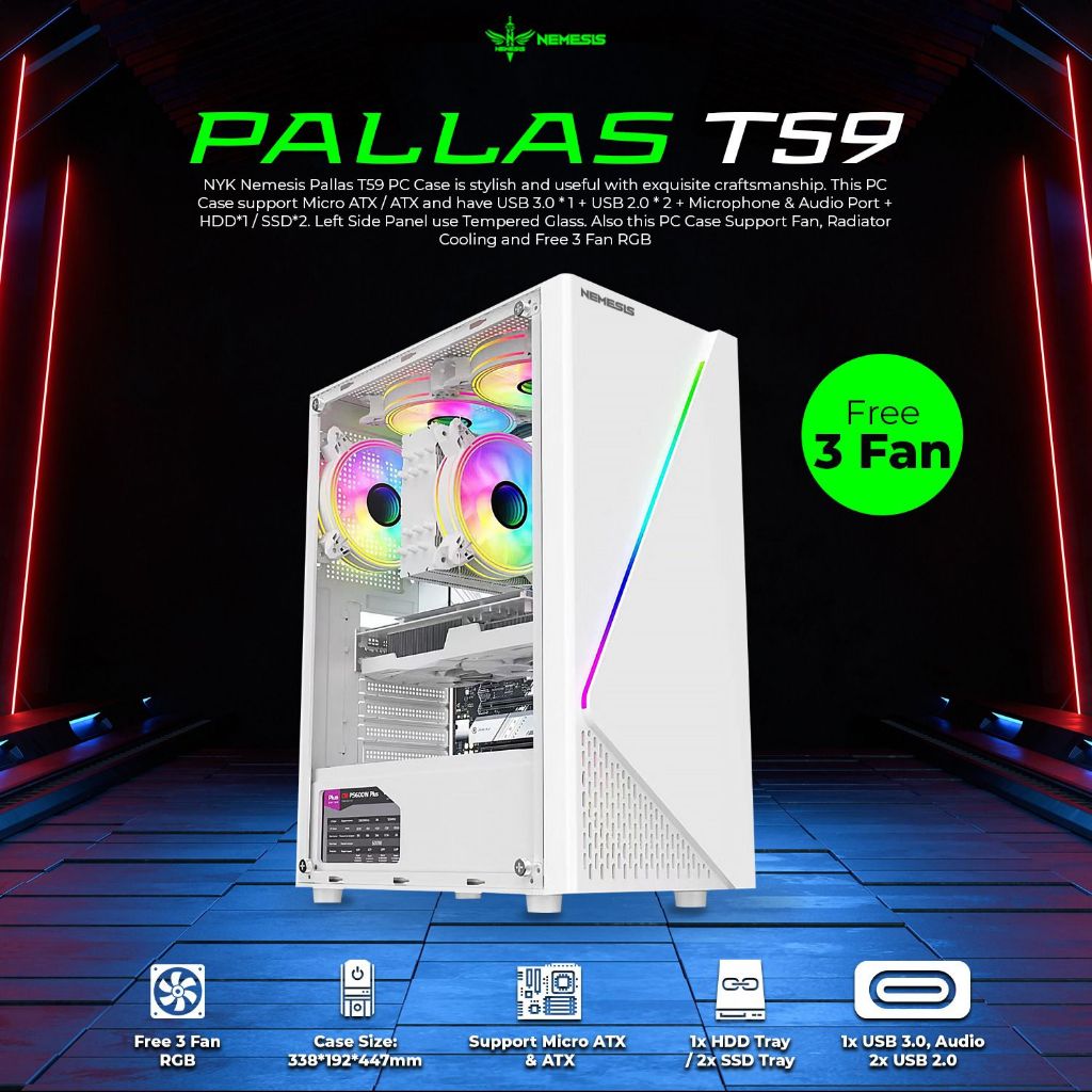 Jual Nyk T59 Pallas Casing Komputer Gaming ATX Include 3 Fan / PC Case ...