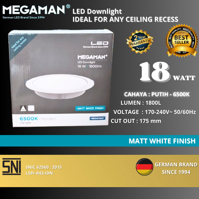 Jual Lampu LED Panel Downlight MEGAMAN 18 Watt 7" BULAT Warna PUTIH Cut ...