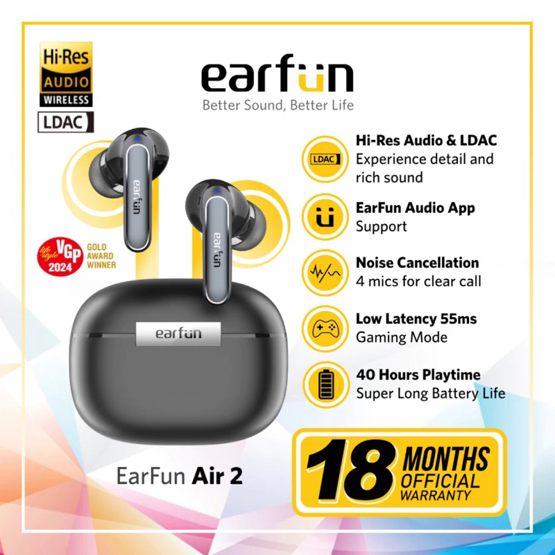 Jual EarFun Air 2 - Black - Hi-Res LDAC budget TWS with APP Support | Shopee Indonesia