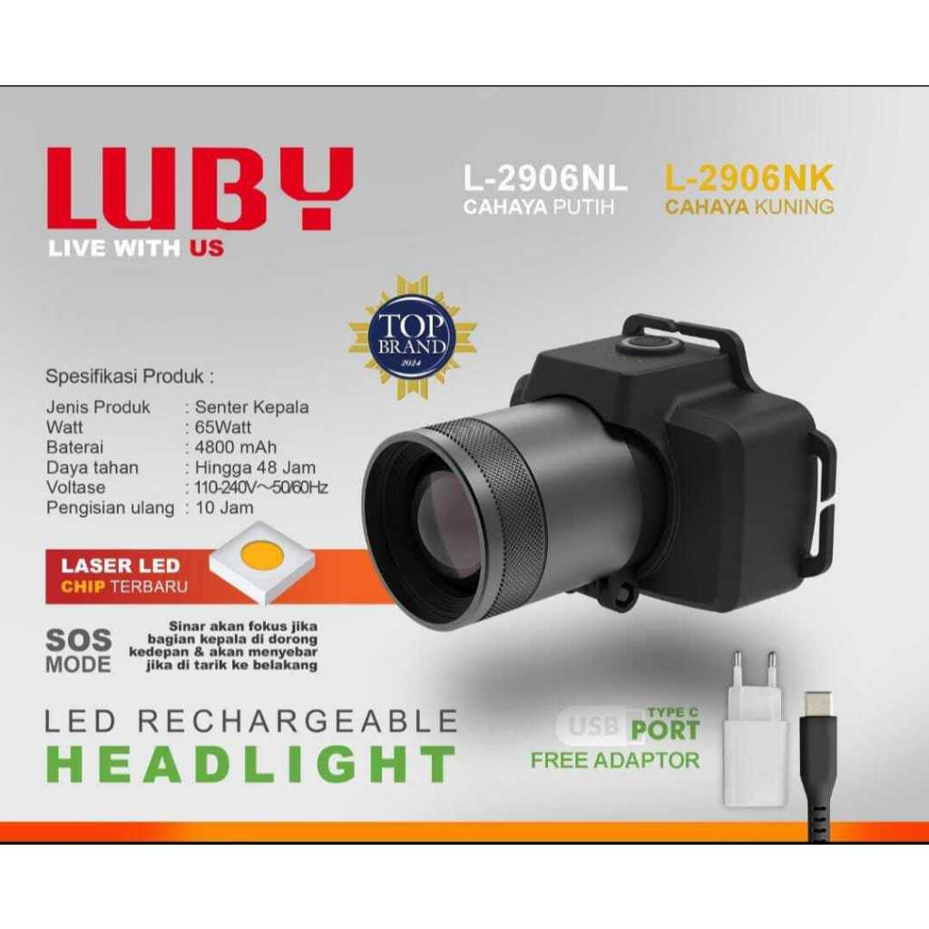Jual Luby Head Lamp Zoom Lensa L-2905NL Senter Kepala Rechargeable ...