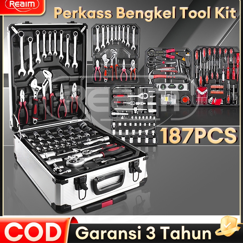 Jual reaim Tool Kit 187 PCS Workshop Tools and Home Suitcase Complete Materials Power Wrench ...