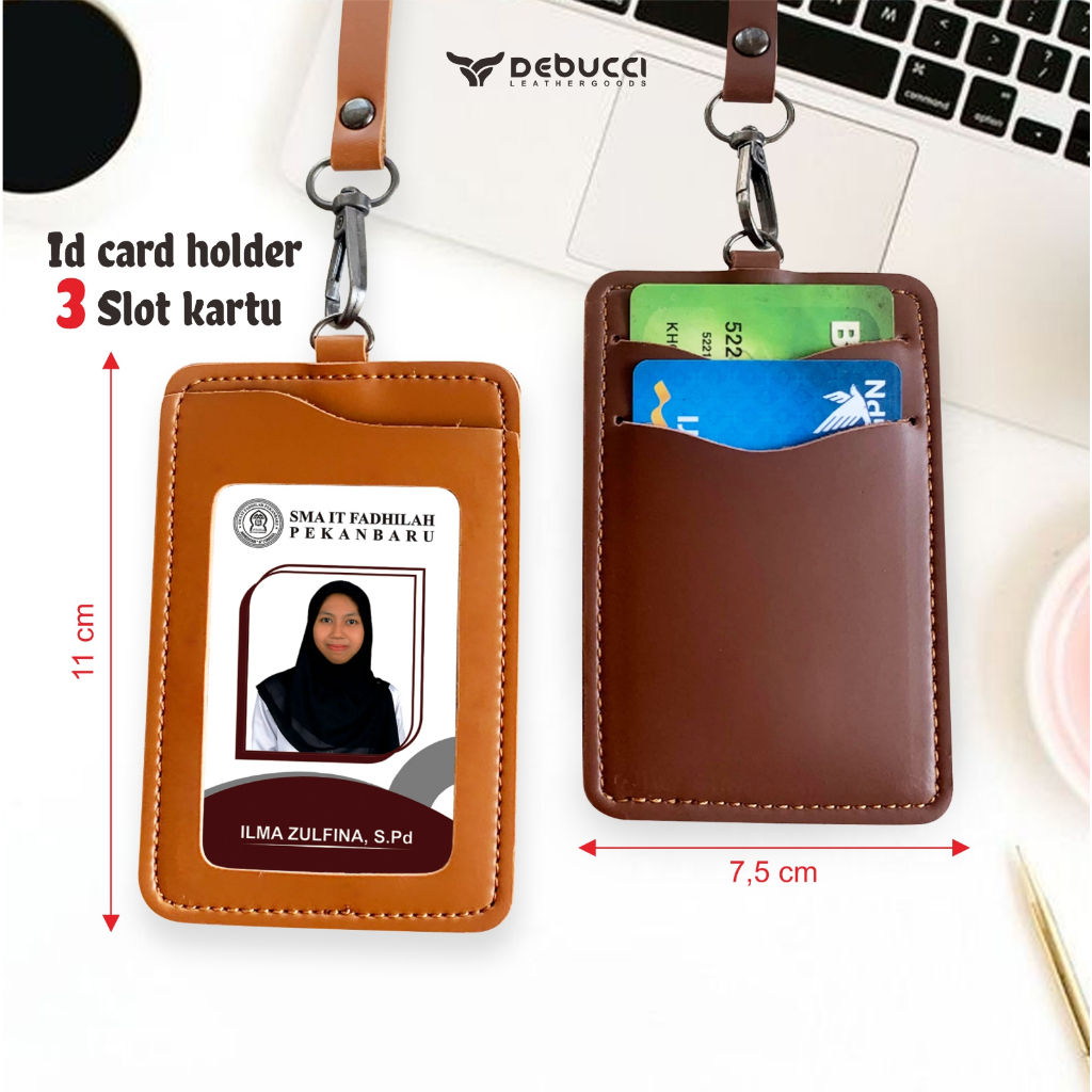 Jual Name Tag ID Card Kulit Holder Name Tag Lanyard Kulit 3 Slot Kartu ...