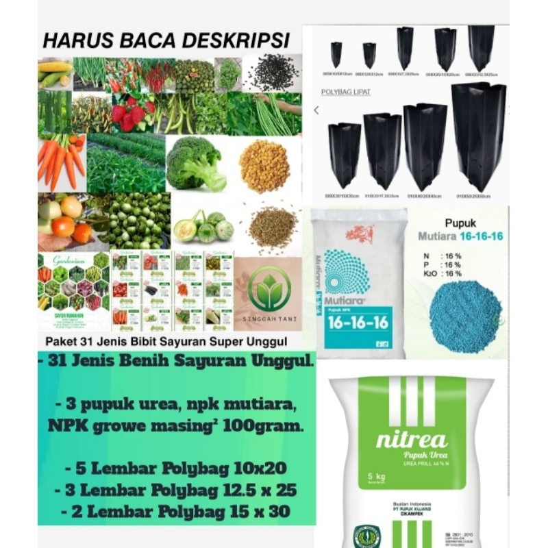 Jual PAKET LENGKAP 31 JENIS BENIH SAYURAN + 3 JENIS PUPUK + 10 LEMBAR POLYBAG | Shopee Indonesia