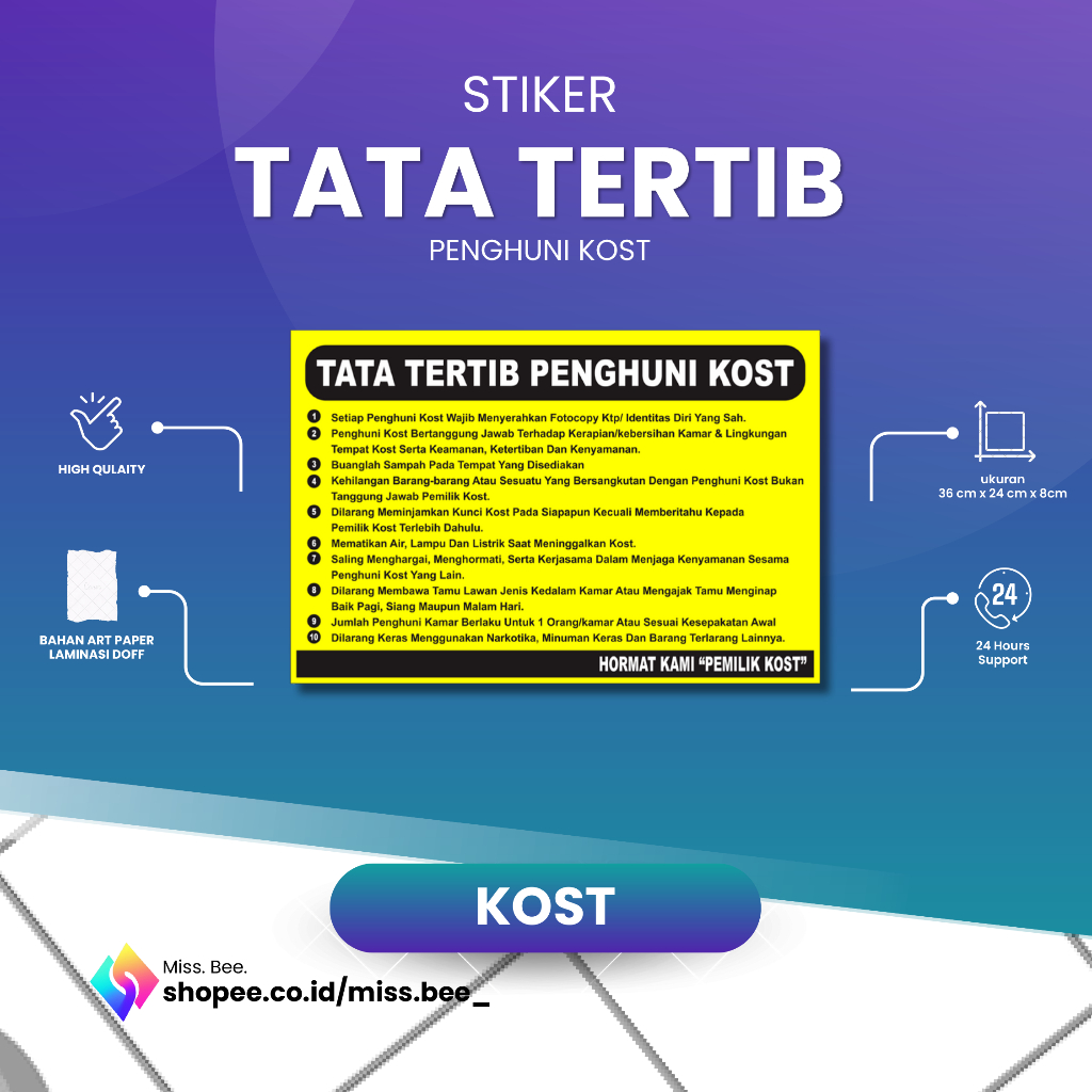 Jual STIKER TATA TERTIB ATURAN KOST MURAH | MISS BEE | Shopee Indonesia