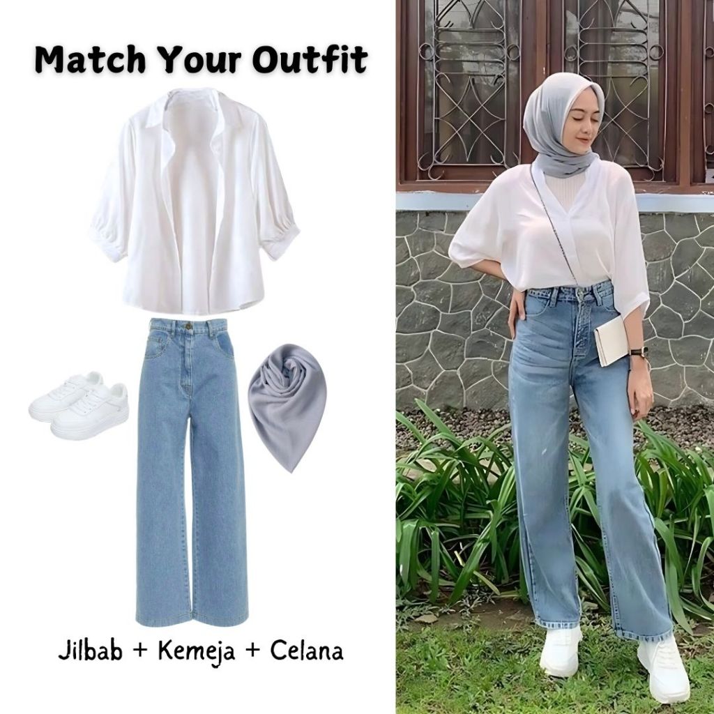 Jual One set 3in1 kemeja putih berkerah celana highwaist jeans denim pants jilbab bella | outfit ...
