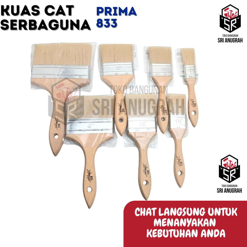 Jual PRIMA Kuas Cat Tembok Dan Minyak Gagang Kayu 833 Bulu Putih Tebal ...