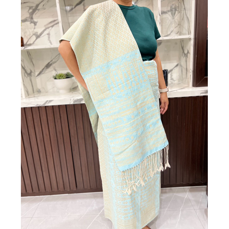 Jual songket batak asli tenun tangan tumtuman ice blue khaki | Shopee ...