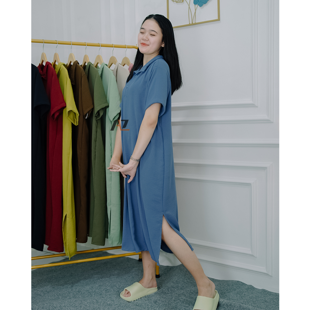 Jual Aurella Dress Wanita Santai Rumahan Belah Samping Aksen Kerah ...