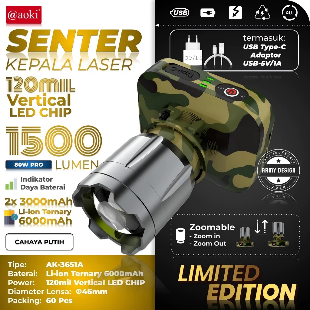 Jual SumberAbadi Senter Kepala Zoom Aoki AK-3685A Head Lamp Led 60 Watt Super Terang Senter ...