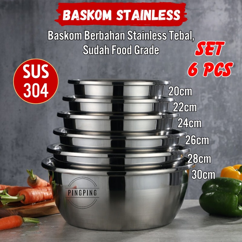 Jual Baskom Set Stainless Tebal SET 6PCS SUS 304 20CM, 22CM, 24CM, 26CM, 28CM, 30CM Wadah Cuci ...