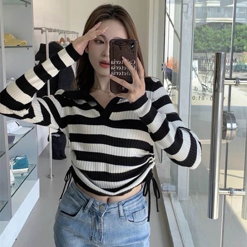 Jual Atasan Rajut BerKerah Polo Tali Serut Salur Lengan Panjang / Sweater Atasan Vneck Top ...