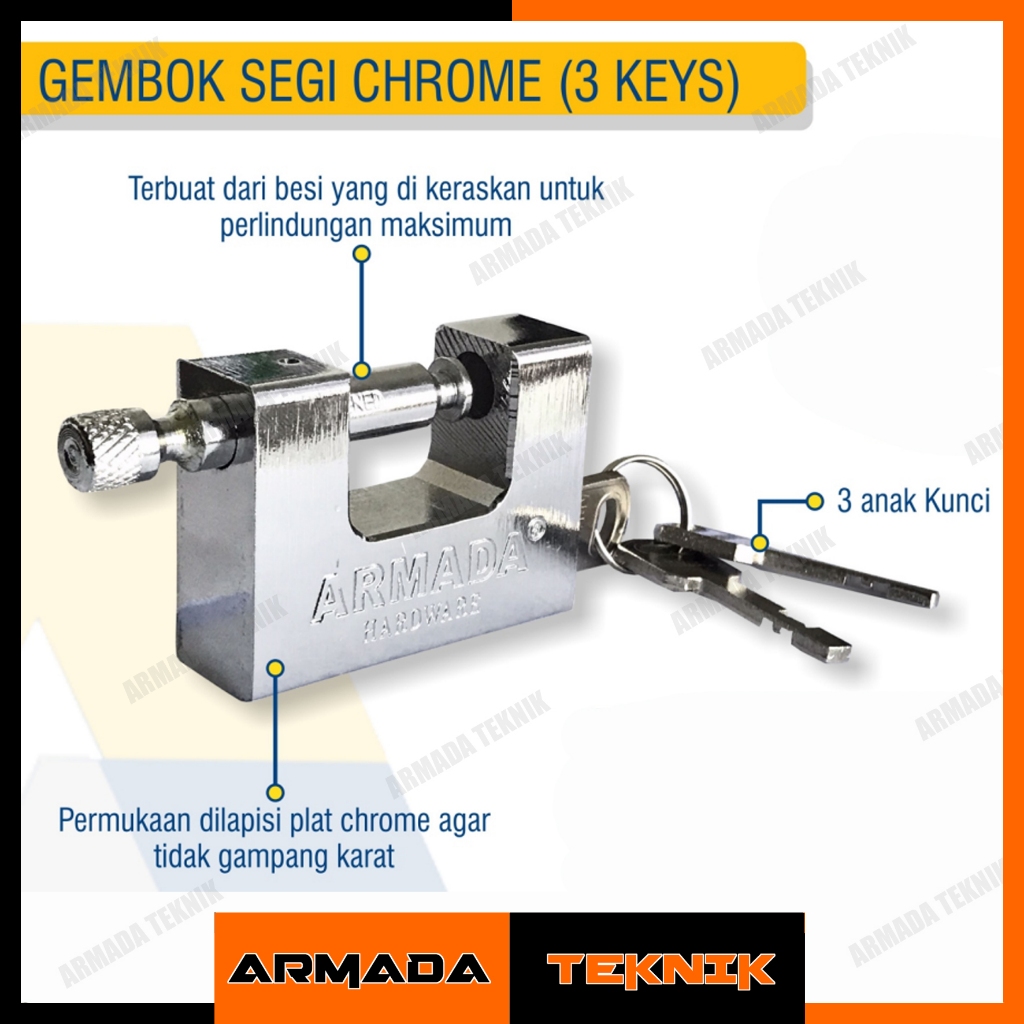 Jual Gembok Segi / Gembok Kotak / Panser 3 kunci 60 mm & 80 mm Armada ...