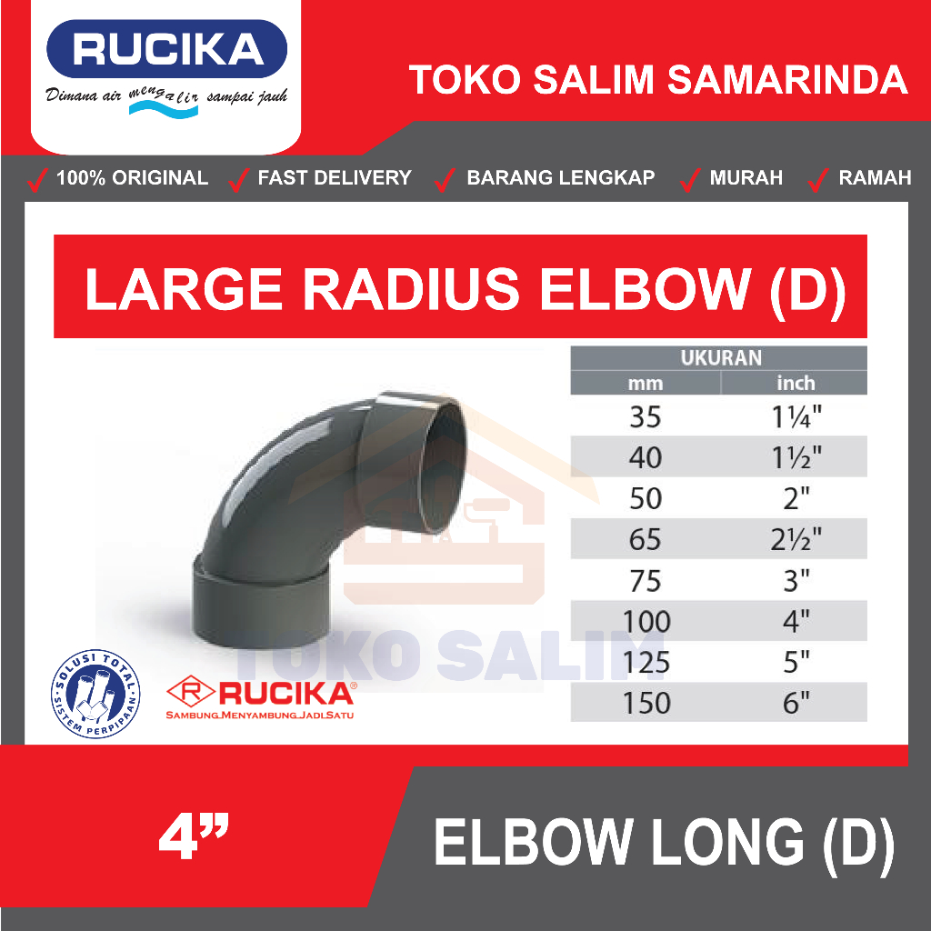 Jual LARGE RADIUS ELBOW / ELBOW LONG 4" D JIS Rucika | Shopee Indonesia