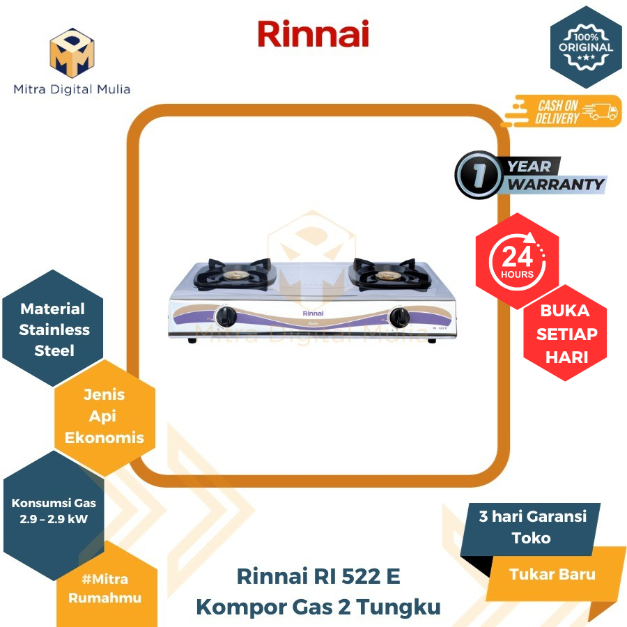 Jual Rinnai RI 522 E Kompor Gas 2 Tungku Stainless Steel | Shopee Indonesia