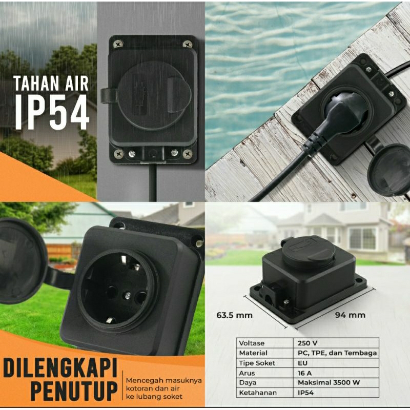 Jual Stop Kontak Terminal Anti Air IP54 dengan Penutup 16A 250 V EU ...