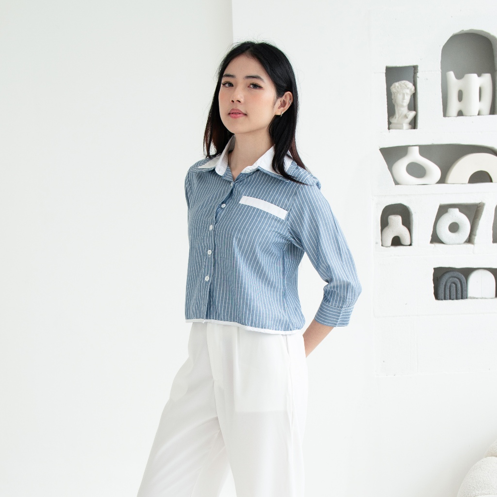 Jual QUEENTIN Kemeja Wanita Crop 0659 Katun Polymicro Motif Salur ...