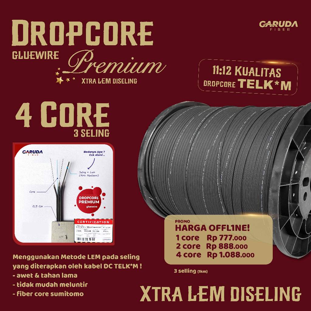 Jual (4 Core 3 seling) PREMIUM DROPCORE Spek TELKOM (Gluewire) GARUDA FIBER OPTIK G657A1, 1000m ...