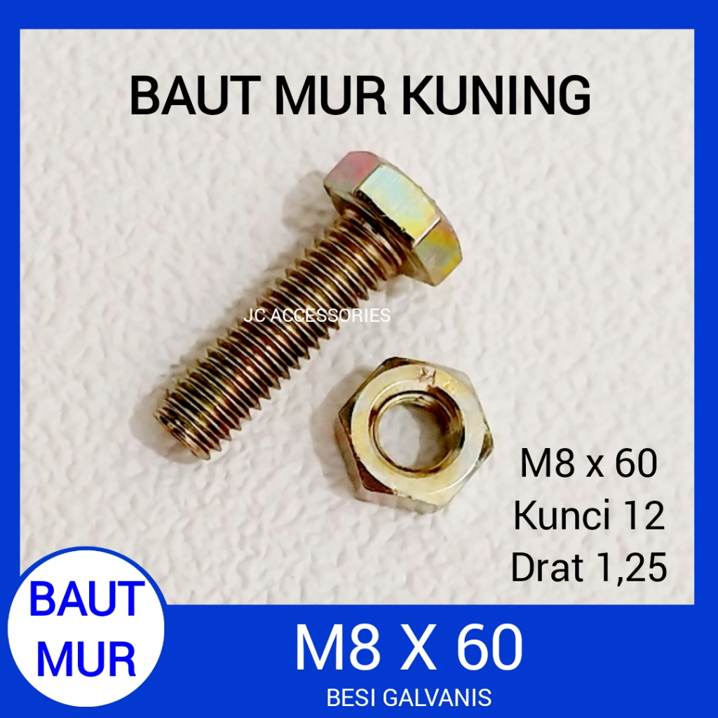 Jual BAUT MUR KUNING M8x60 KUNCI 12 PITCH 1,25 BMK M8 x 60 BAUT MUR ...