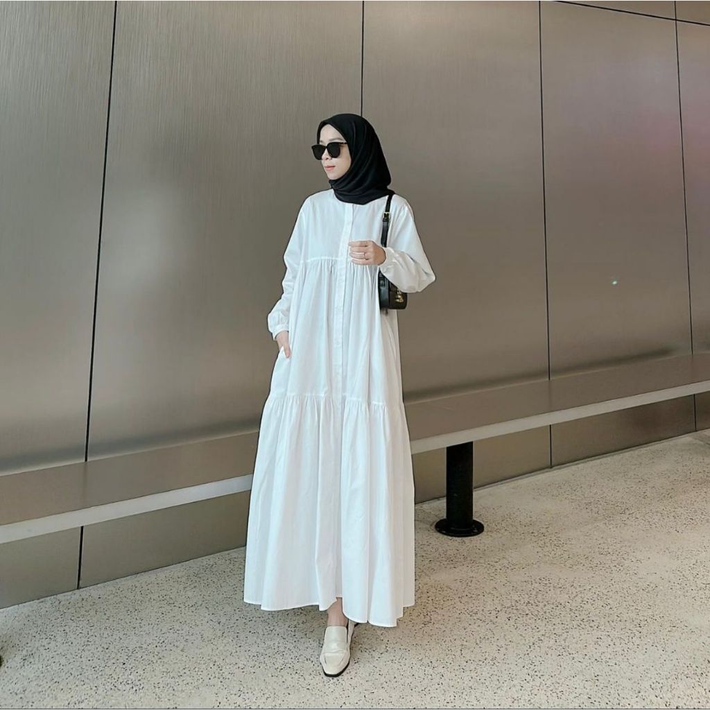 Jual gamis ruffle bahan shakila full kancing hidup dress simple elegan ...