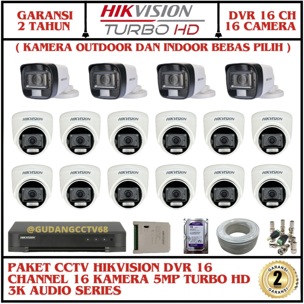 Jual Paket CCTV Hikvision DVR 16 Channel 16 Camera 5mp Turbo HD 3K Audio Series Komplit Tinggal ...
