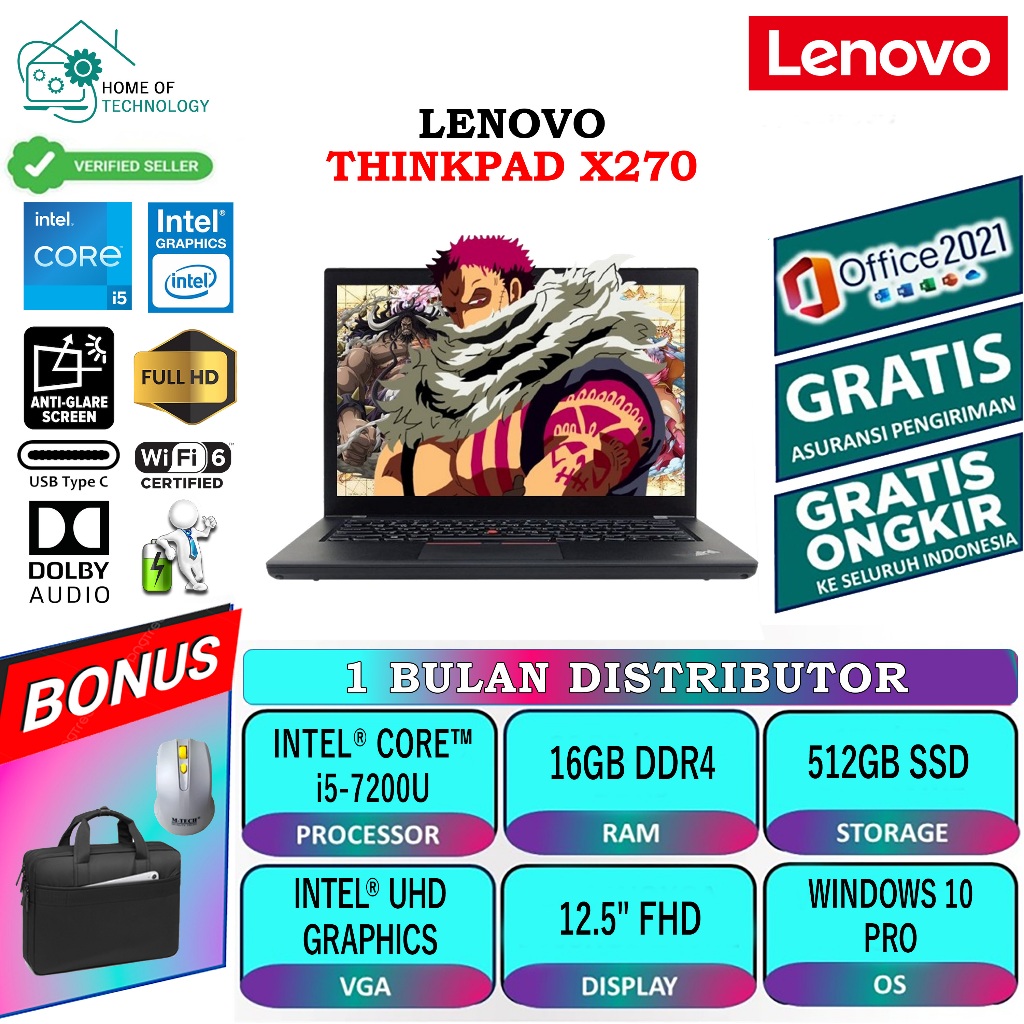 Jual Laptop Murah Lenovo Thinkpad X270 Intel Core I5 7200U Ram 16GB SSD 512GB 12.5 Full HD ...