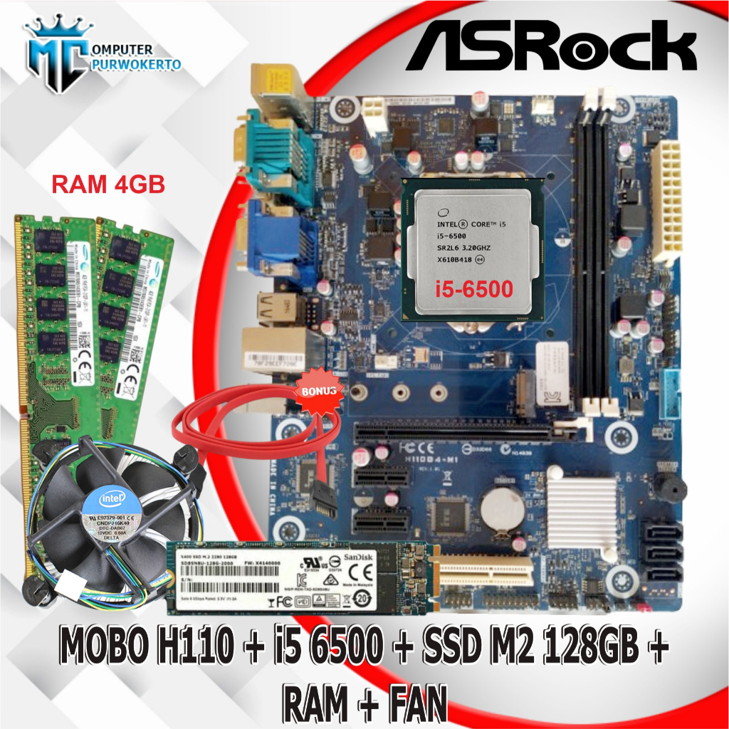 Jual Mobo Motherboard H110 LGA 1151 + Processor i5 6500 + RAM DDR4 + SSD M2 128GB + FAN | Shopee ...